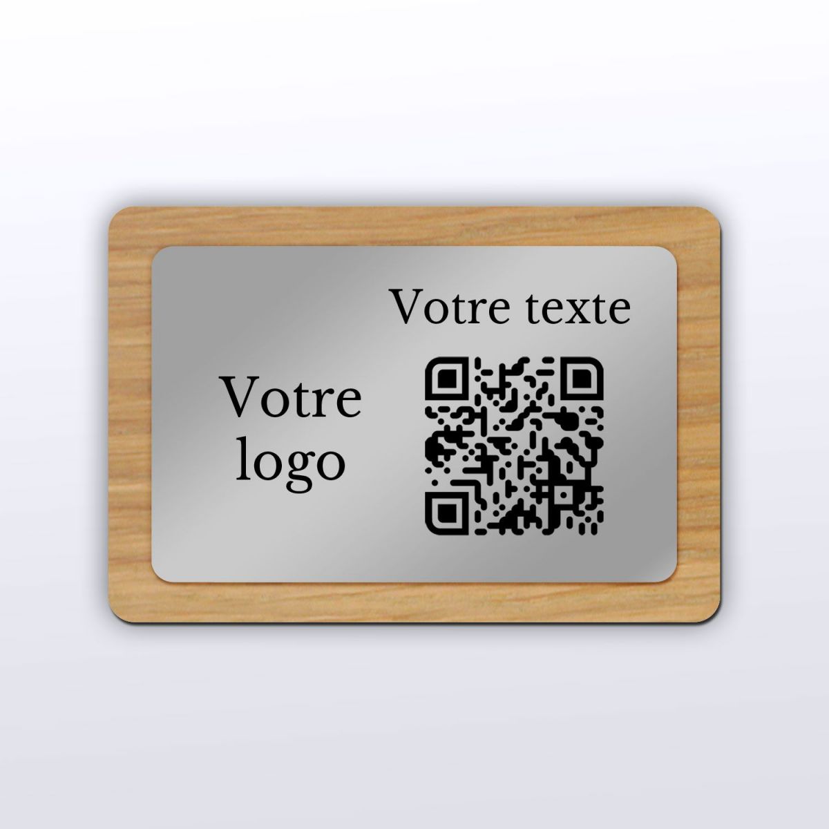 Plaque QR code rectangulaire en bois aspect inox