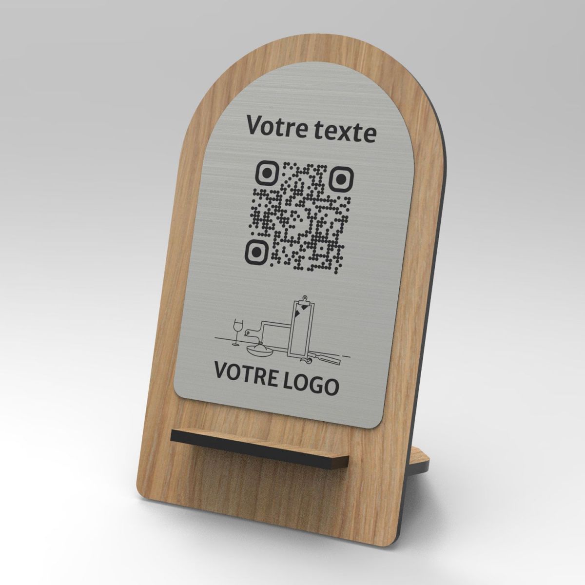 Présentoir QR code arrondi en bois aspect inox