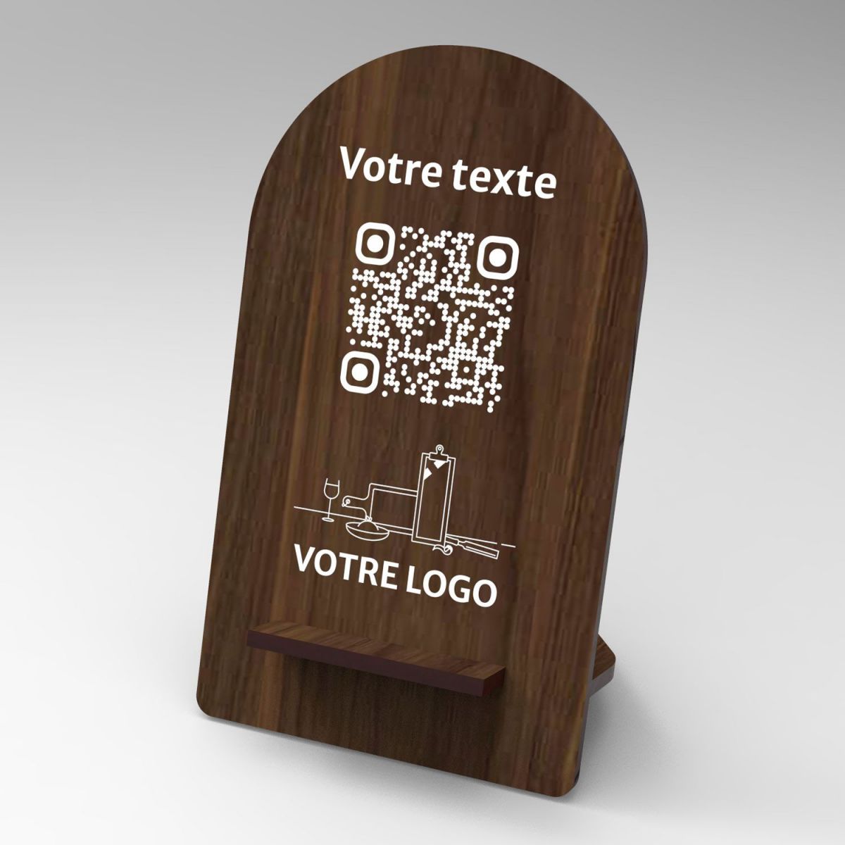 Présentoir QR code arrondi en noyer