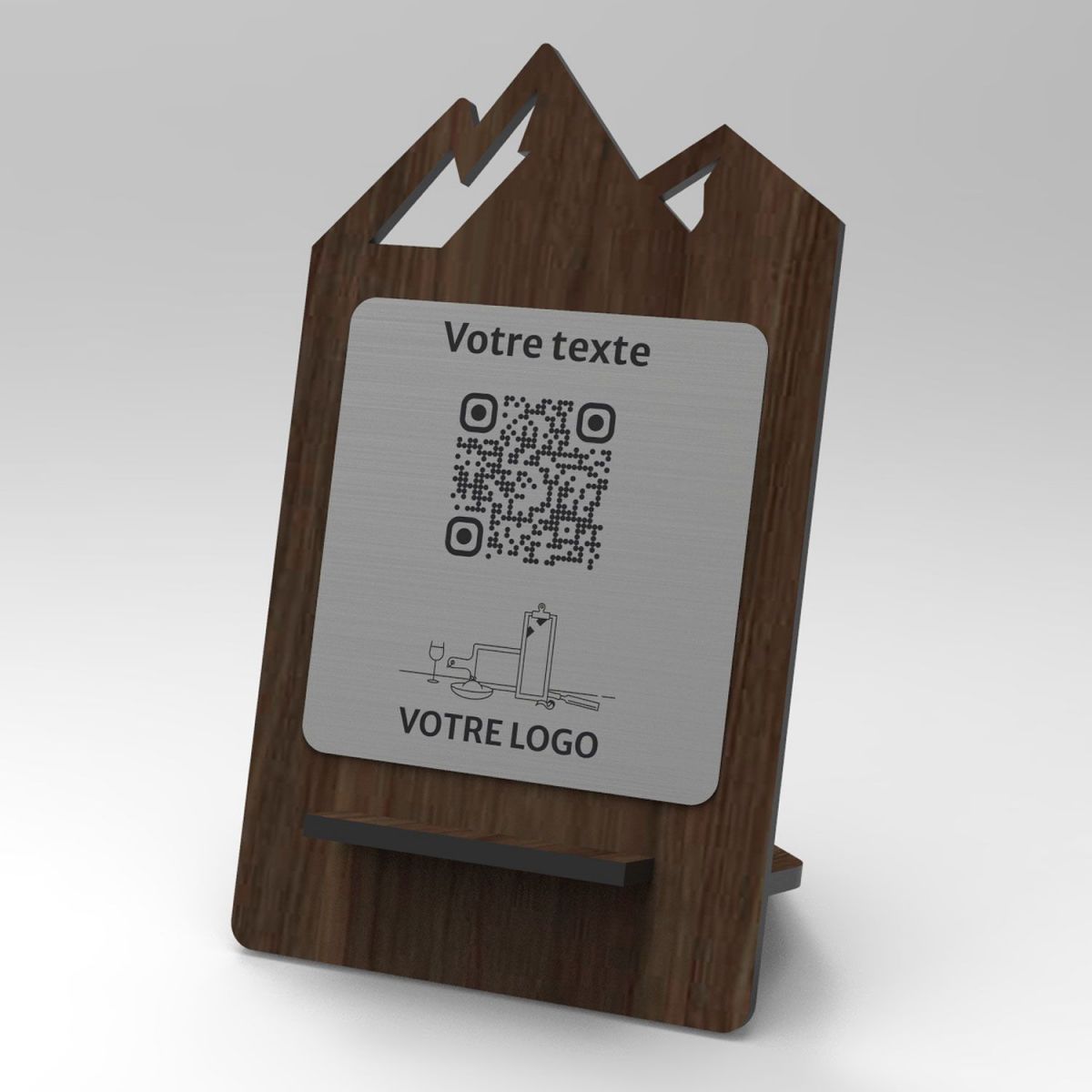 Présentoir QR code arrondi en noyer aspect inox