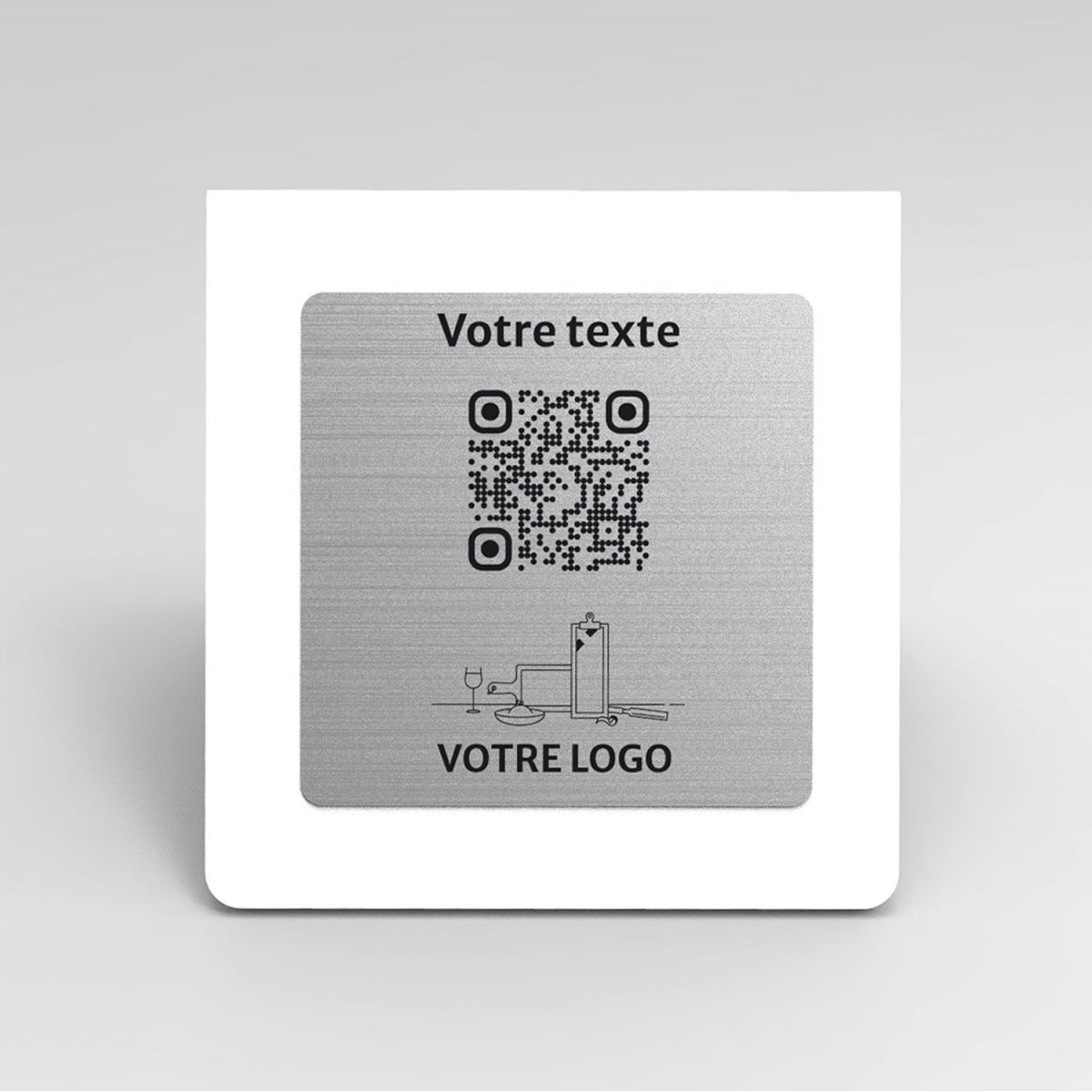 Chevalet QR code carré en plexiglass blanc aspect inox