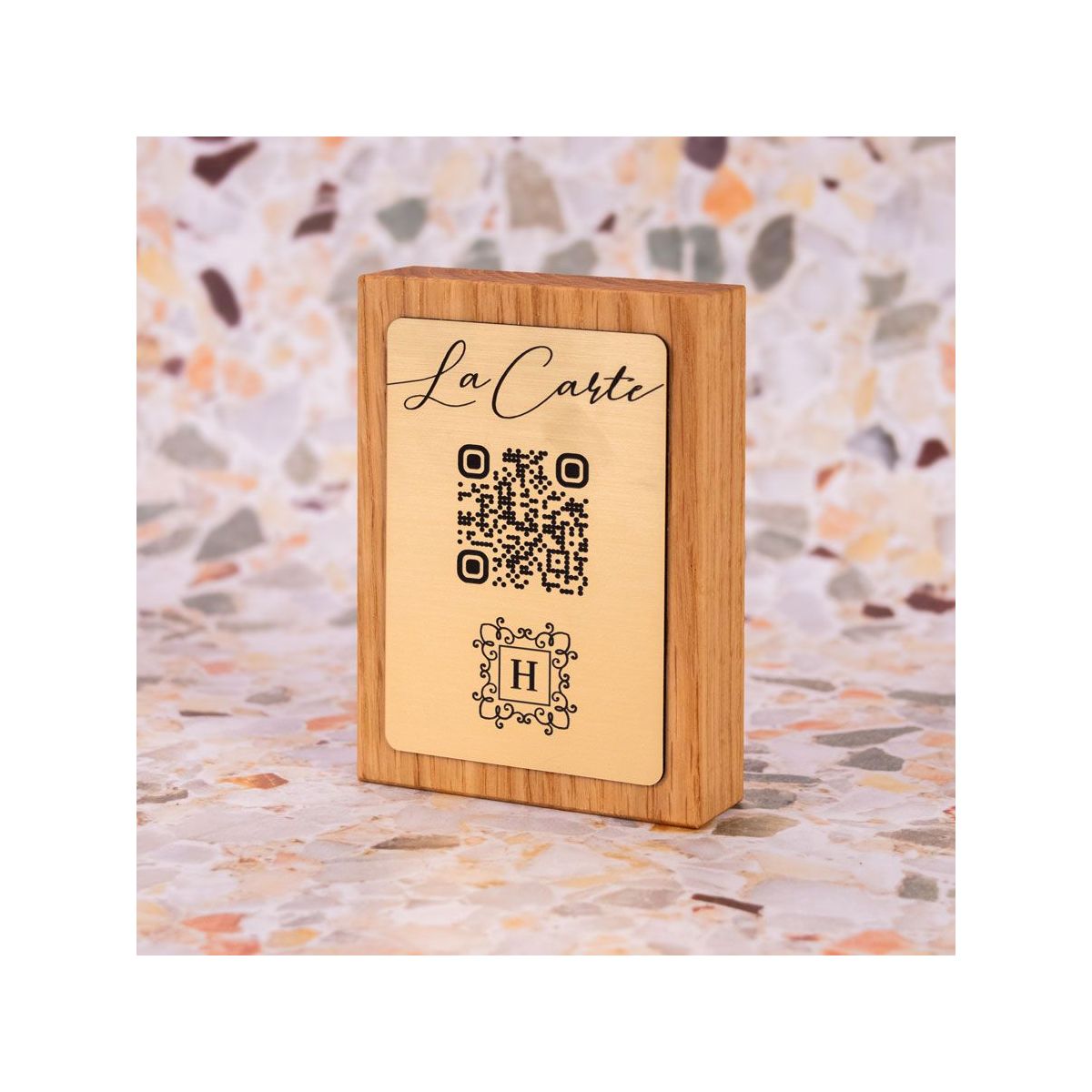 Support QR code rectangulaire en bois aspect laiton
