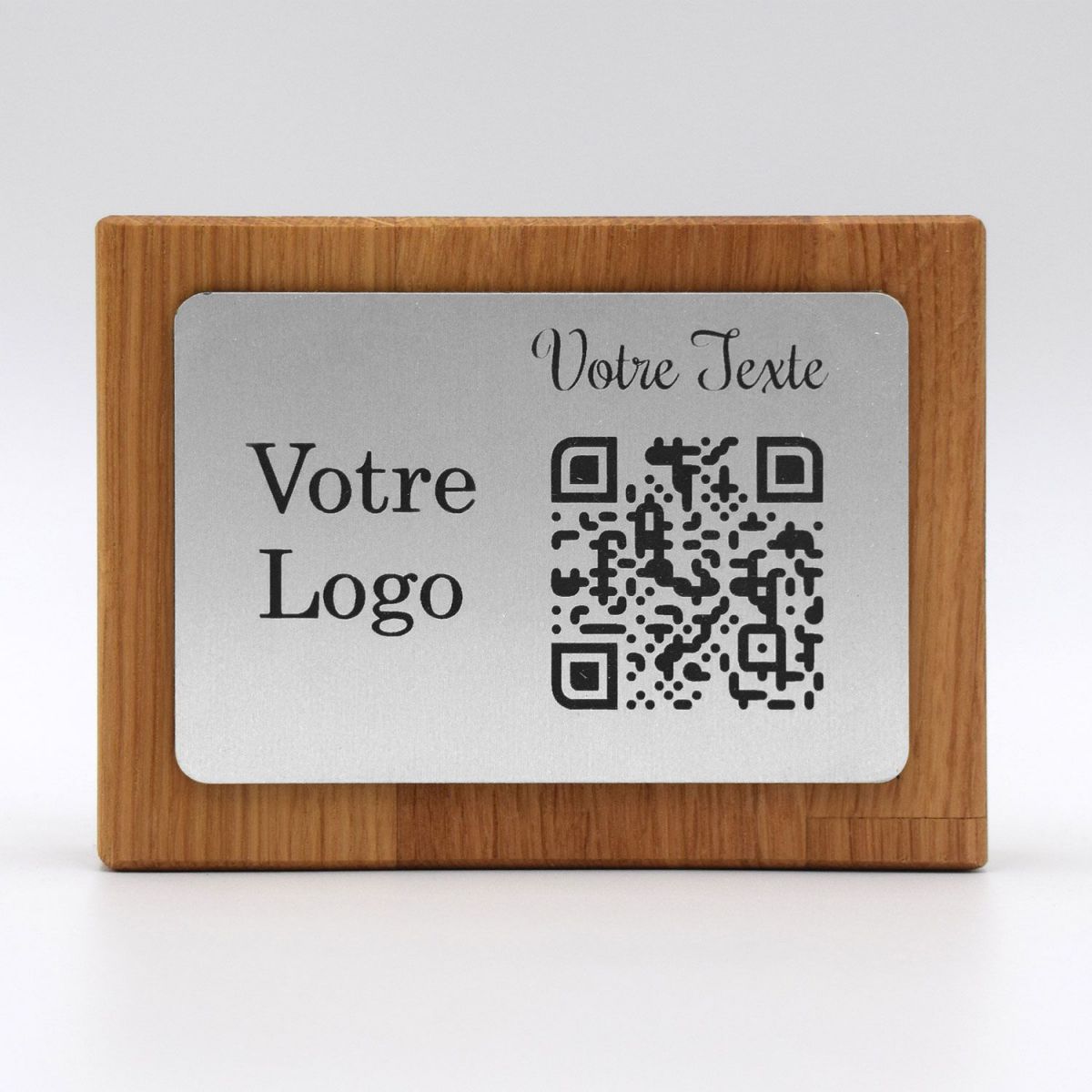 Support horizontal QR code en bois aspect inox